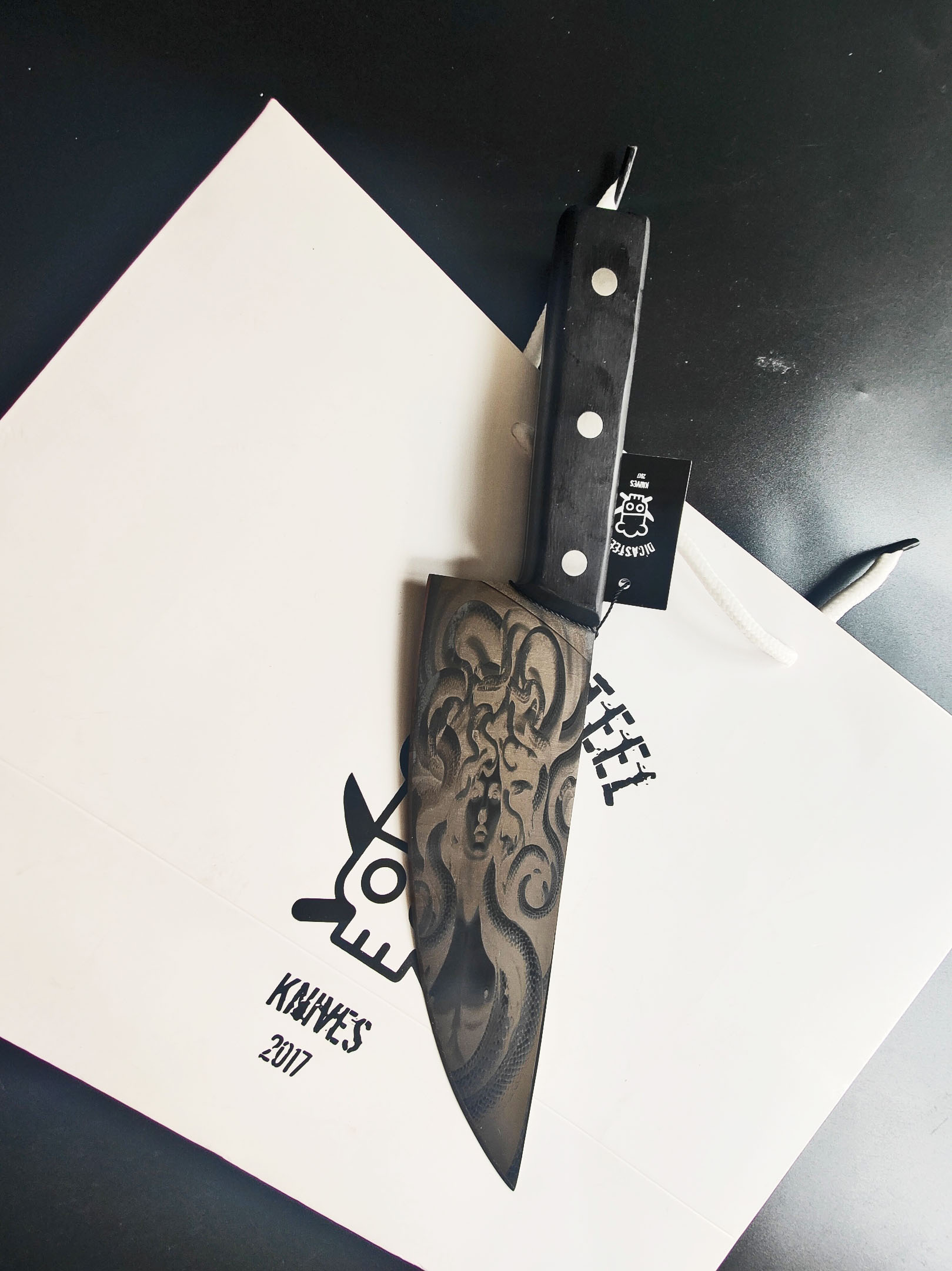 All Black Chef Knife Medusa Engraved | Di'Casteel