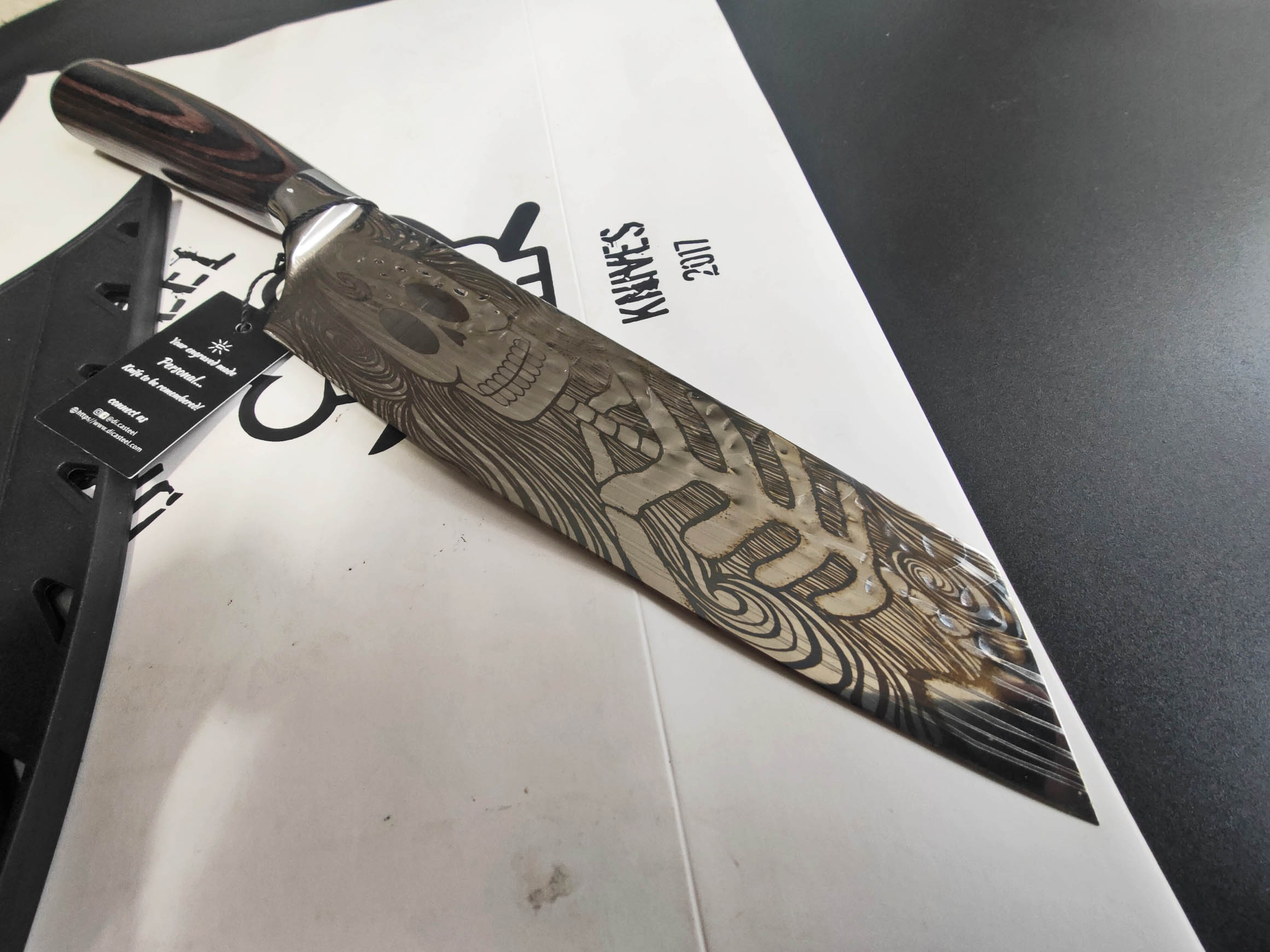 Unique Kiritsuke Knife Skull Engraving | Di'Casteel