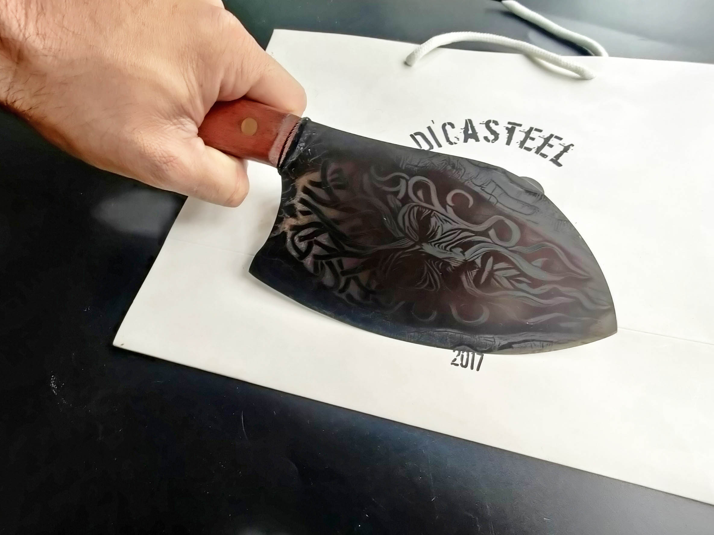 Black Blade Cleaver Knife 7' Celtic Green Engravings | Di'Casteel